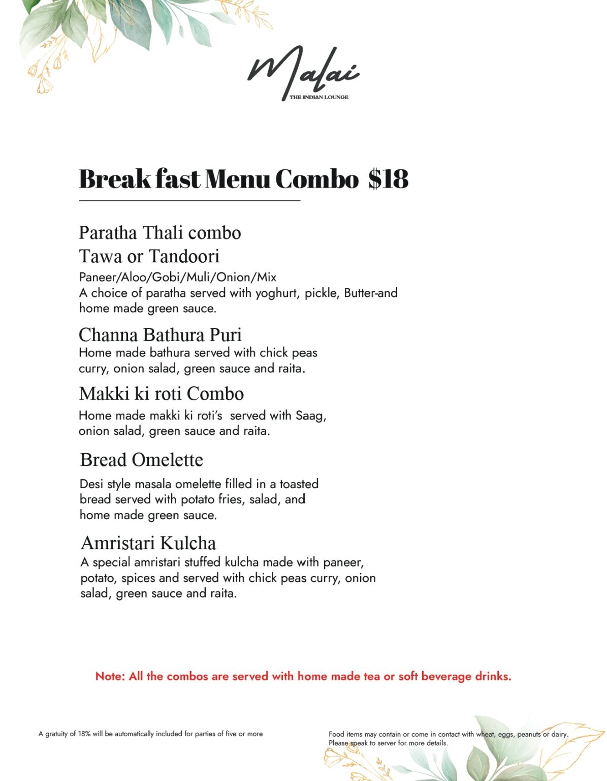 Malai Dine In Menu - Malai Indian Lounge