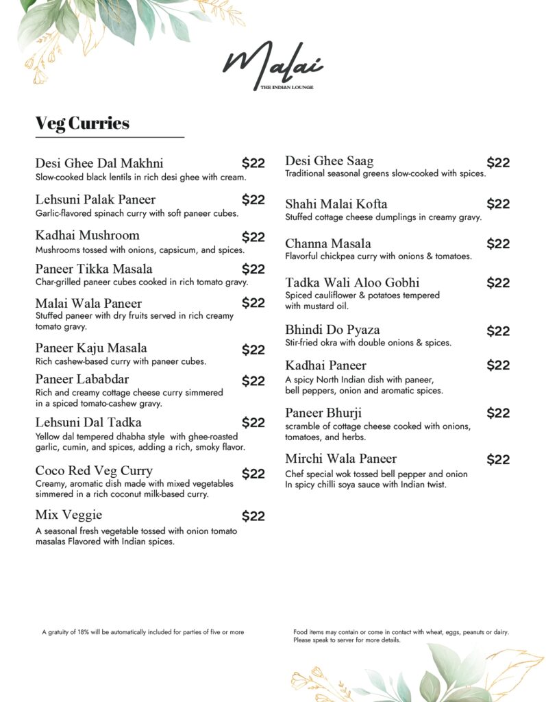 Malai Dine In Menu - Malai Indian Lounge
